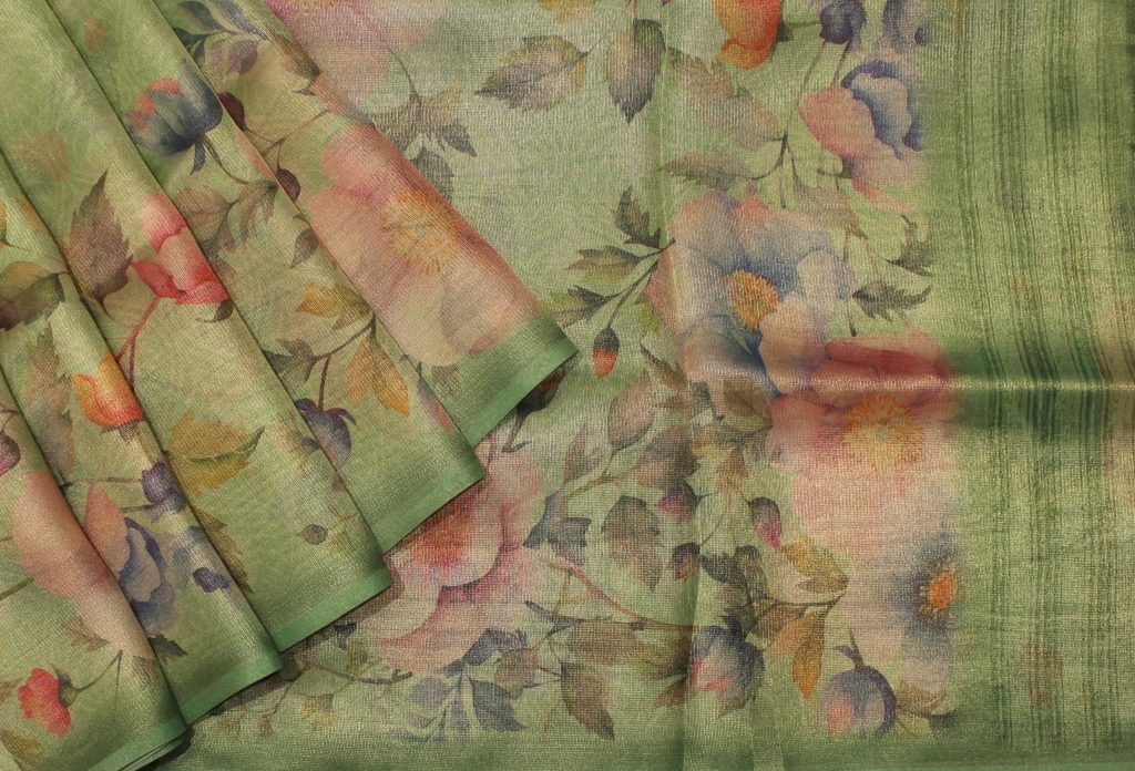 Spring Green Semi Tissue Saree with Floral Digital Prints - Vashthralaya